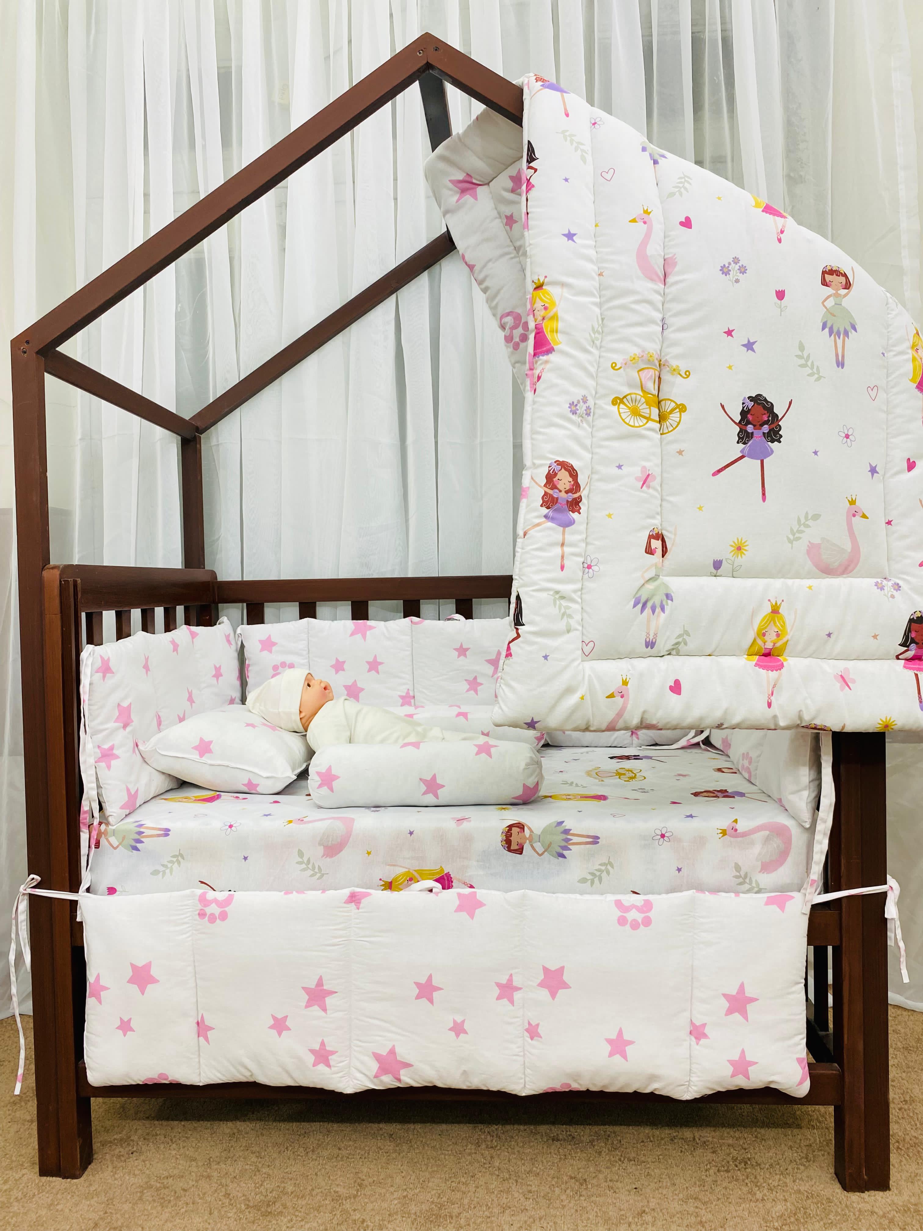 Printed Cotton Baby Cot Set for Girls- 9 pcs – Minni nest