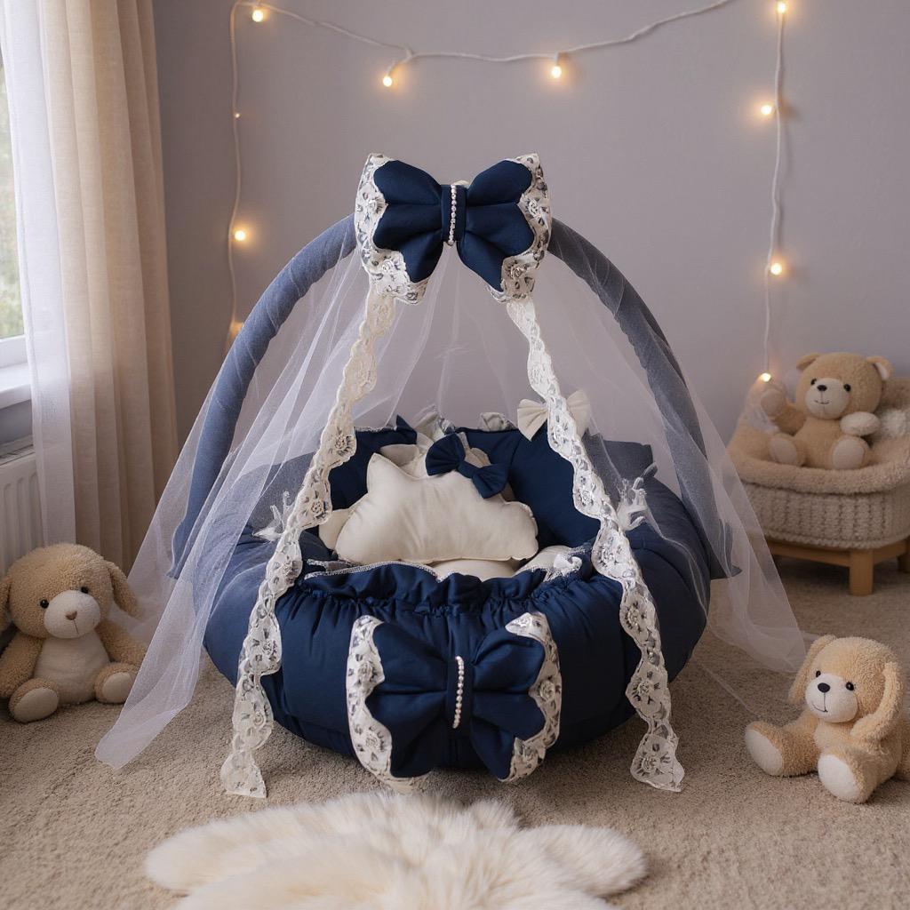 Luxury Baby Round Cot with Pillows and Net-Navy Blue & Off white ...