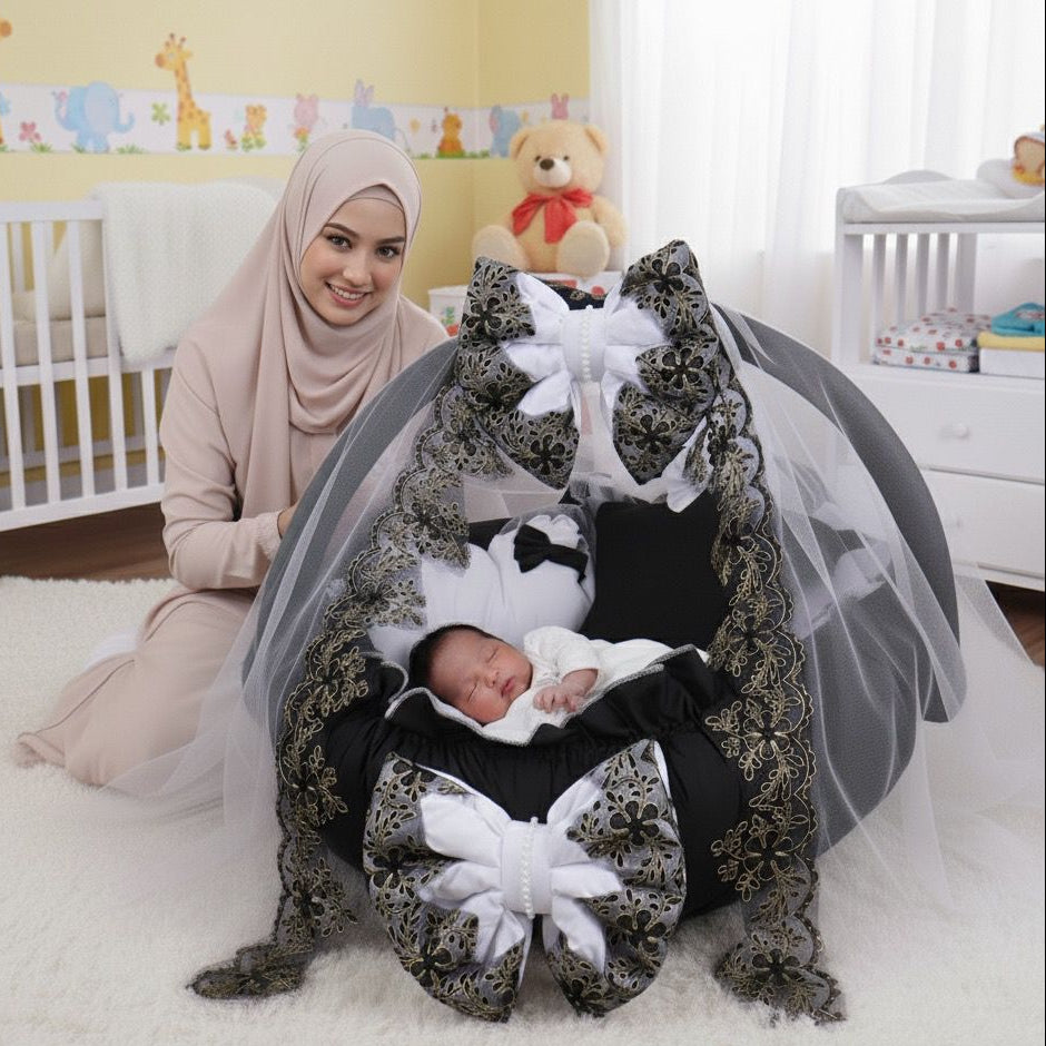 Luxury Baby Round Cot with Pillows and Net- Black & White – Minni nest